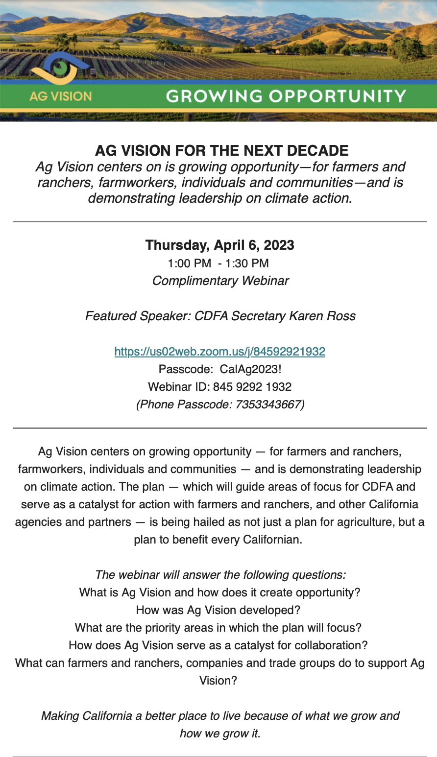 CDFA Secretary Karen Ross to host "Ag Vision for the Next Decade ...